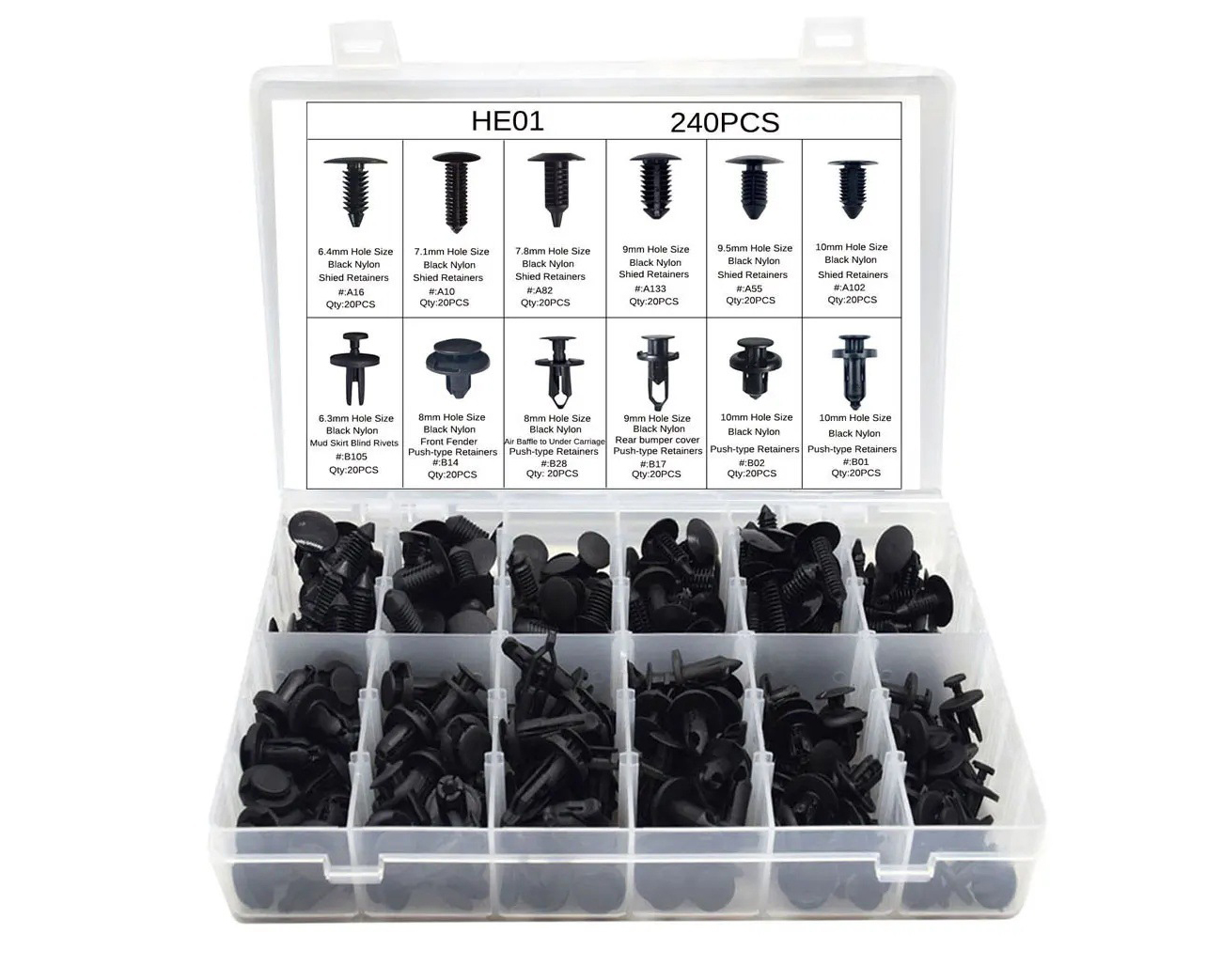 240pc Black Nylon Shield and Push Type Retainer Assortment Kit